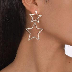 Rhinestone Big Star Dangle Earrings for Women Girls Hypoallergenic Crystal Long Tassel Stars Charms Drop Dangling Stud Fashion Lightweight Festival Christmas Birthday Ornament Jewelry Dainty Gifts for Friends Fans (Silver)