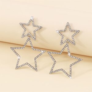 Rhinestone Big Star Dangle Earrings for Women Girls Hypoallergenic Crystal Long Tassel Stars Charms Drop Dangling Stud Fashion Lightweight Festival Christmas Birthday Ornament Jewelry Dainty Gifts for Friends Fans (Silver)