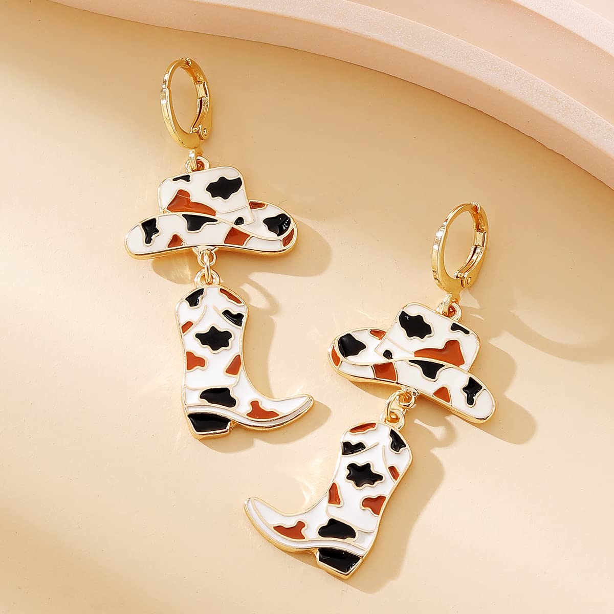 MOEPAPA Cowboy Boot Hat Earrings Cow Print Western Country Dangle Earrings Handmade Cute Nashville Cowgirl Dangling Earrings Jewelry for Women