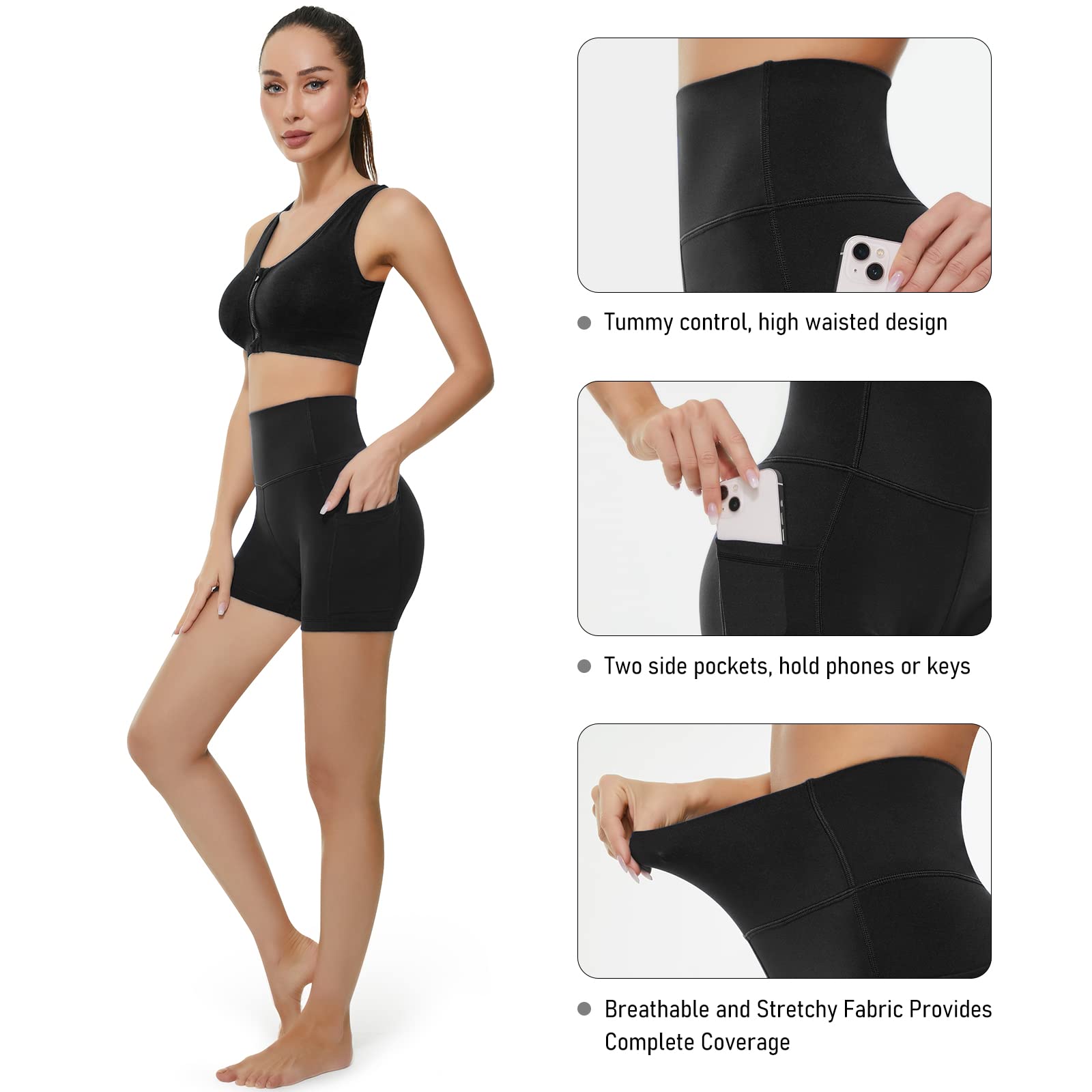 KKB 5''/8'' High Waist Active Wear Shorts Yoga Leggings for Women, Tummy Control Workout Shorts Side Pockets Running Pants (5"-Black, Small)