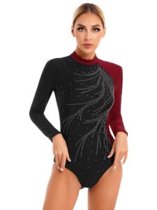 dpois womens gymnastics leotards long sleeve shiny dance ballet performance unitards bodysuit top dancewear burgundy medium