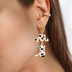 MOEPAPA Cowboy Boot Hat Earrings Cow Print Western Country Dangle Earrings Handmade Cute Nashville Cowgirl Dangling Earrings Jewelry for Women