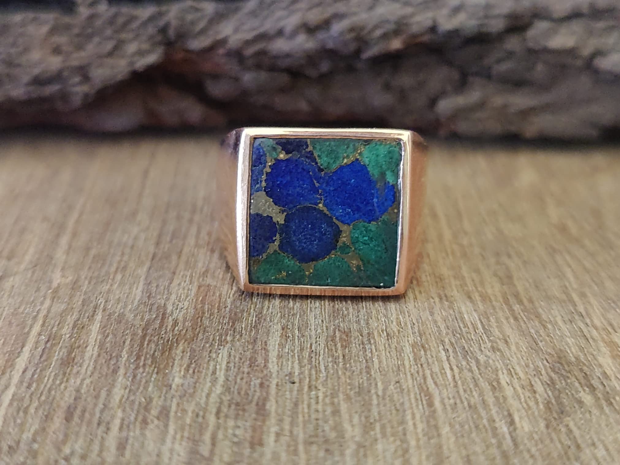 Azurite Malachite Ring, Signet Bohemian Ring, Rings for Men Women, Boho Ring, 925 Solid Sterling Silver Ring, Azurite Gemstone Ring, Statement Ring, Gift for Partner (925 Solid Silver, 11.50)