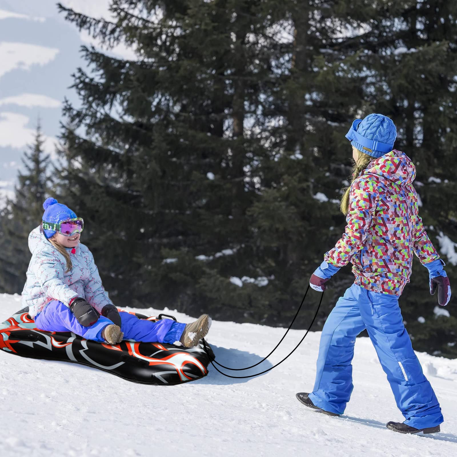 Snow Tube Sled with Towing Rope, 54" Heavy-duty Inflatable Snow Tube for Young and Adults, Hard Wearing and Freeze Proof Snow Tube for Family Outdoor Play Activities(Orange)