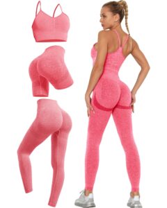 3 piece workout sets for women scrunch butt lift leggings shorts with pleated strappy sports bra active outfits (pink- 3 piece,m)