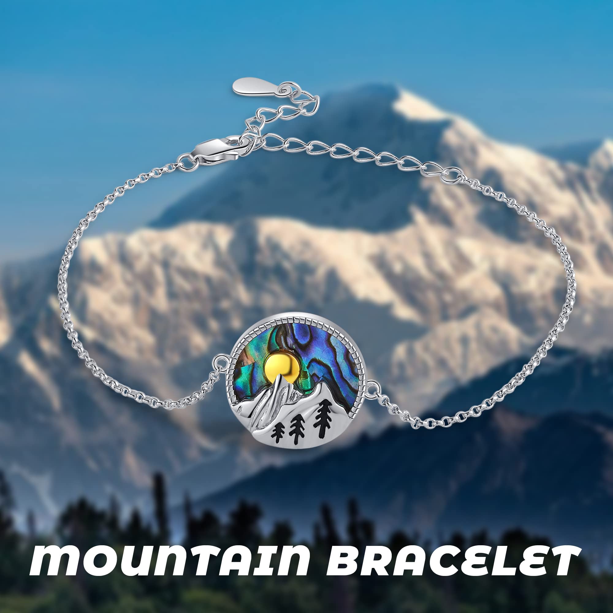 YFN Mountain Bracelet Sterling Silver Abalone Shell Mountain Bracelet Nature Jewelry Gift for Skiers, Hikers, Campers, Climbers and Nature Lovers