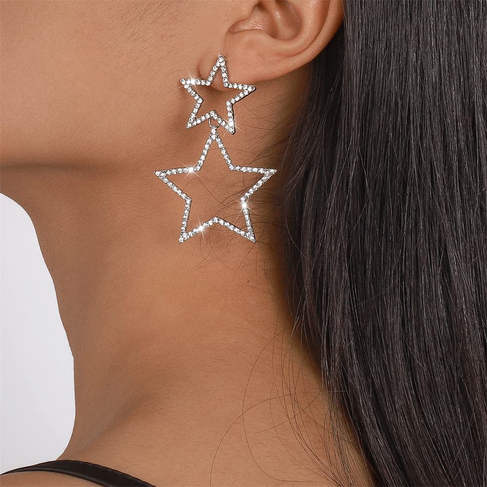 Rhinestone Big Star Dangle Earrings for Women Girls Hypoallergenic Crystal Long Tassel Stars Charms Drop Dangling Stud Fashion Lightweight Festival Christmas Birthday Ornament Jewelry Dainty Gifts for Friends Fans (Silver)