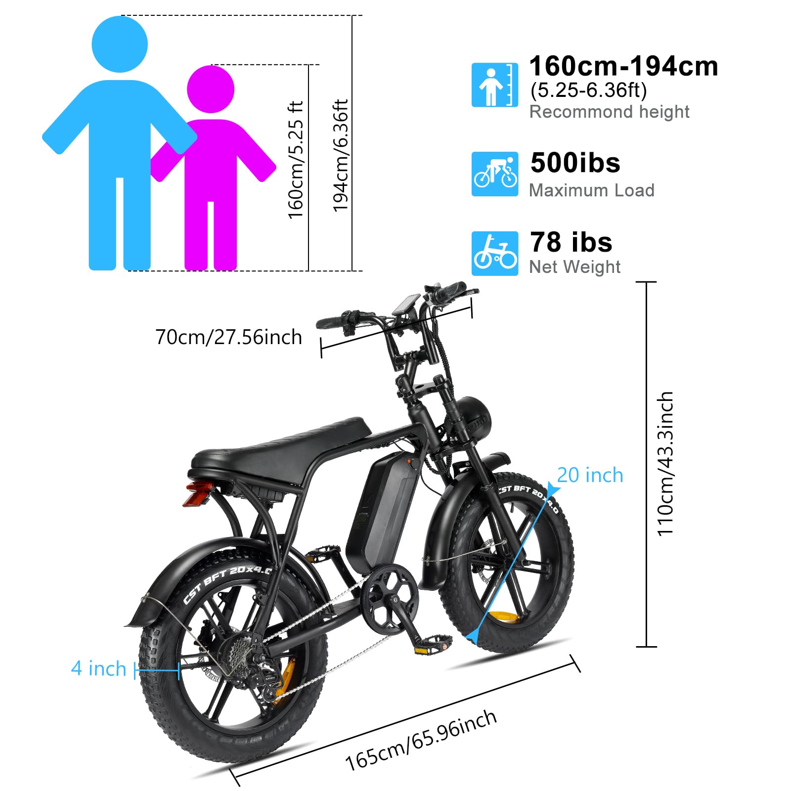 Electric Bike V8 20 inch 750W Adult Electric Bike With 48V 15Ah Removable Battery,Max Speed 28 MPH Pedal Snow Bike 20 inch Fat Tire Electric Mountain Bike, Smart Digital Screens,60 Miles Long Range