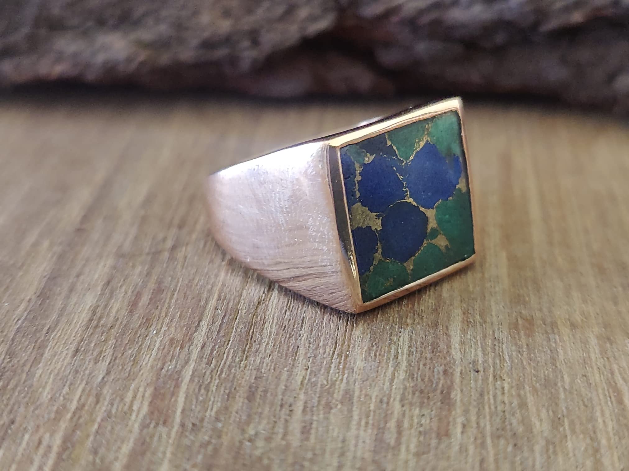 Azurite Malachite Ring, Signet Bohemian Ring, Rings for Men Women, Boho Ring, 925 Solid Sterling Silver Ring, Azurite Gemstone Ring, Statement Ring, Gift for Partner (925 Solid Silver, 11.50)