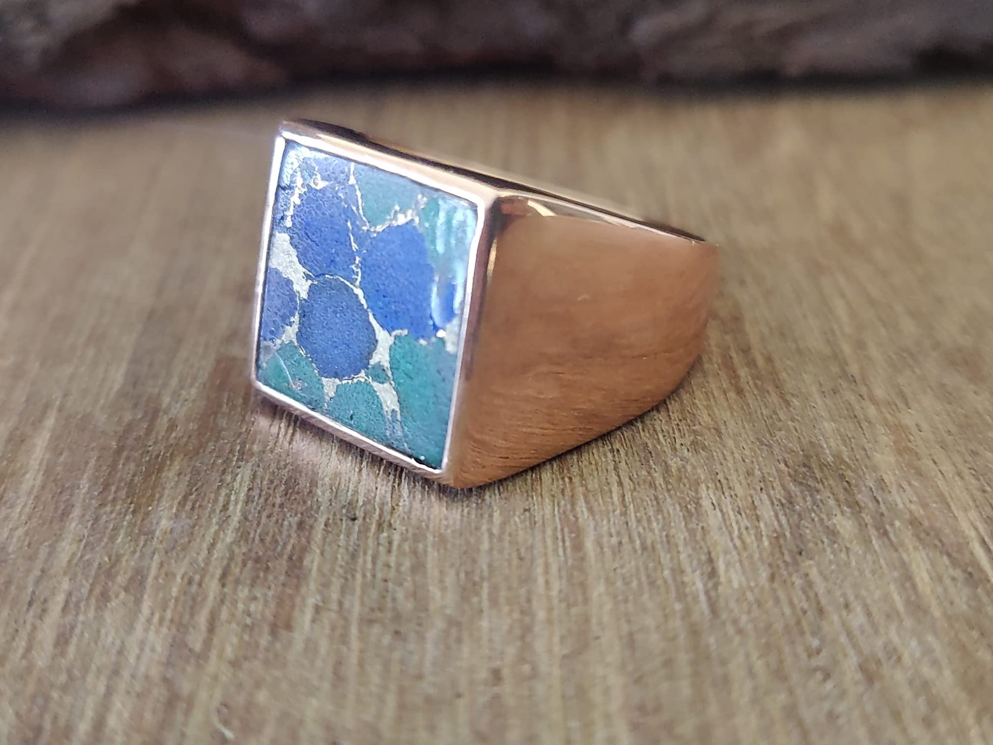 Azurite Malachite Ring, Signet Bohemian Ring, Rings for Men Women, Boho Ring, 925 Solid Sterling Silver Ring, Azurite Gemstone Ring, Statement Ring, Gift for Partner (925 Solid Silver, 11.50)