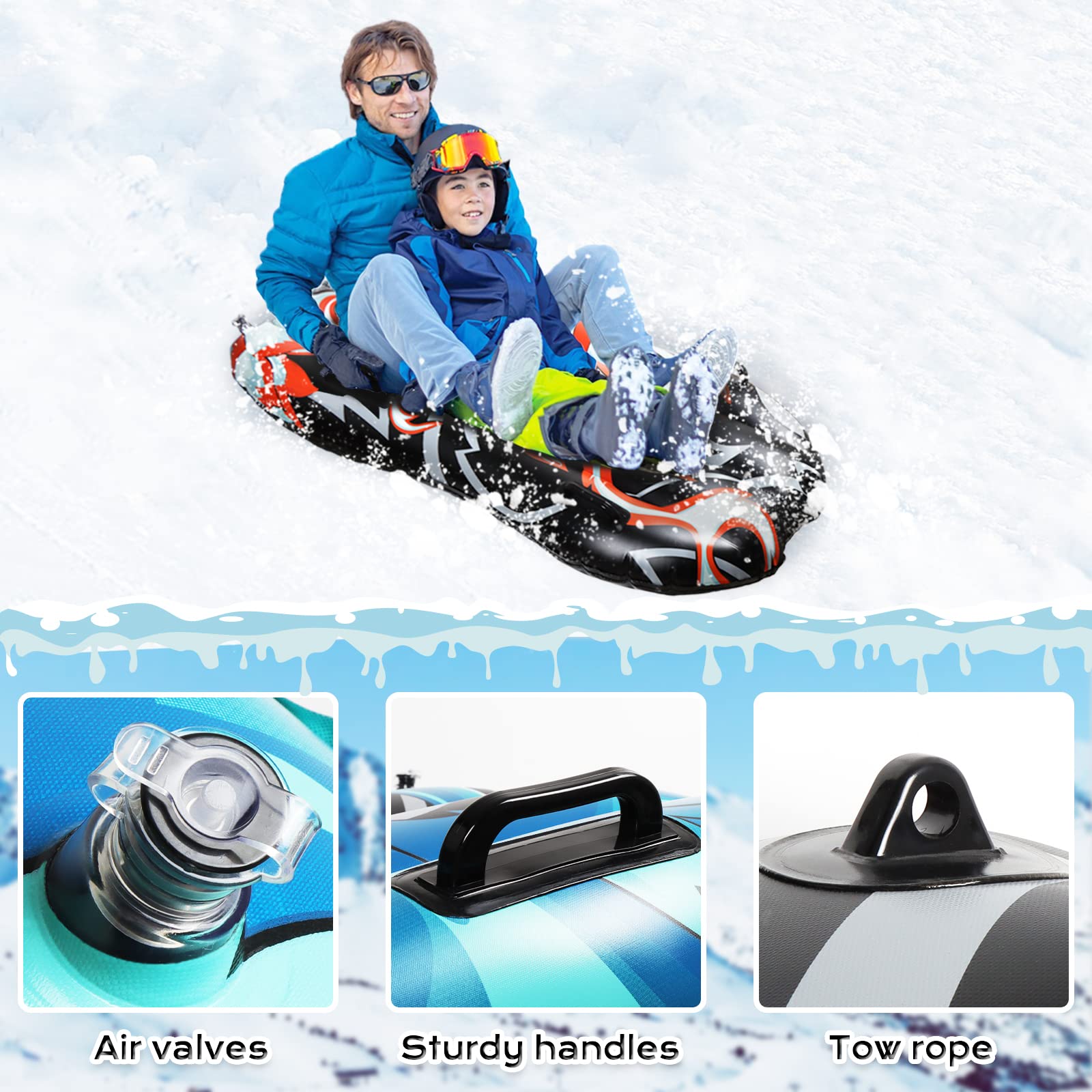 Snow Tube Sled with Towing Rope, 54" Heavy-duty Inflatable Snow Tube for Young and Adults, Hard Wearing and Freeze Proof Snow Tube for Family Outdoor Play Activities(Orange)