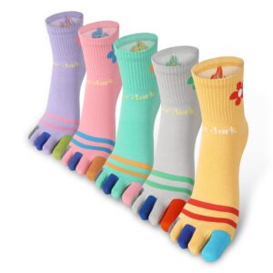 benefeet sox toe socks women size 6-9 five finger socks for girls colorful floral patterned crew socks athletic running toe seperated cotton crew socks holiday toe socks 5 pack, flowers