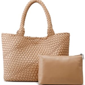 Woven Bag for Women, Fashion Top Handle Shoulder Bag Vegan Leather Shopper Bag Large Travel Tote Bag (Apricot)