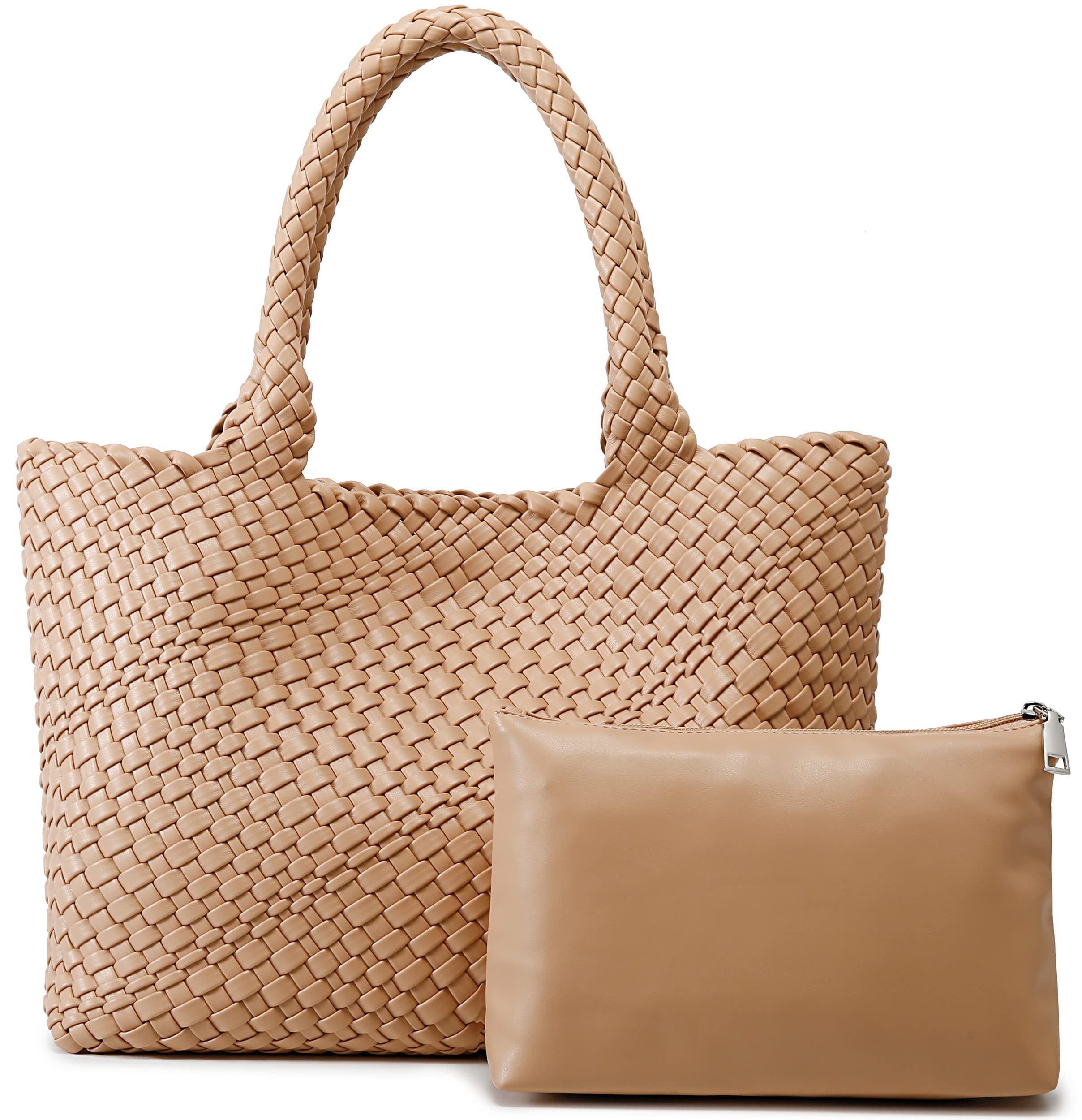 Woven Bag for Women, Fashion Top Handle Shoulder Bag Vegan Leather Shopper Bag Large Travel Tote Bag (Apricot)