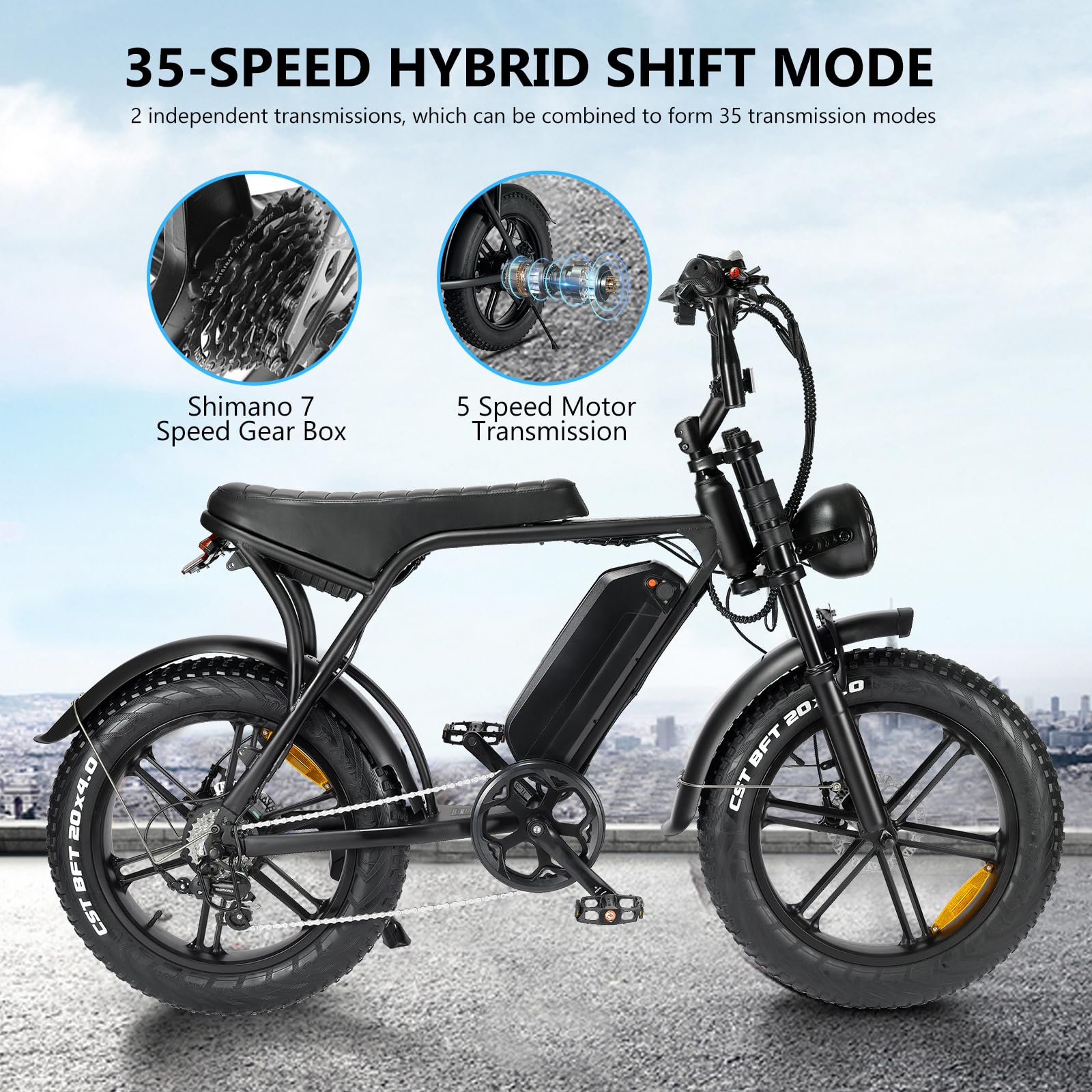 Electric Bike V8 20 inch 750W Adult Electric Bike With 48V 15Ah Removable Battery,Max Speed 28 MPH Pedal Snow Bike 20 inch Fat Tire Electric Mountain Bike, Smart Digital Screens,60 Miles Long Range