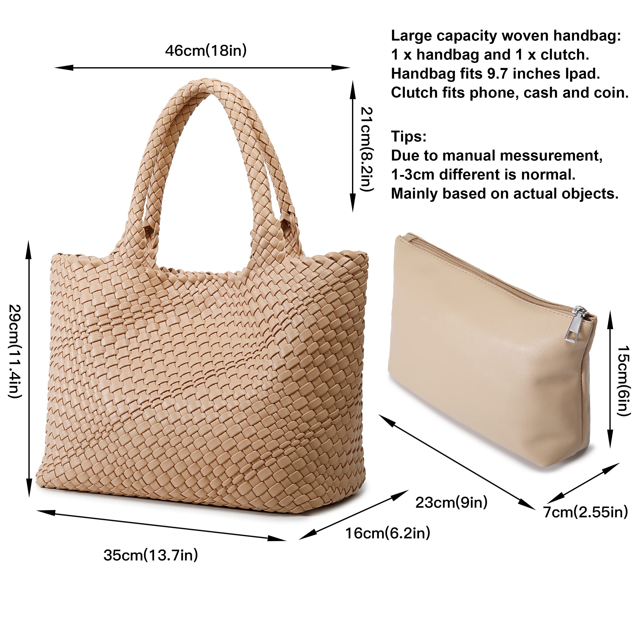 Woven Bag for Women, Fashion Top Handle Shoulder Bag Vegan Leather Shopper Bag Large Travel Tote Bag (Apricot)