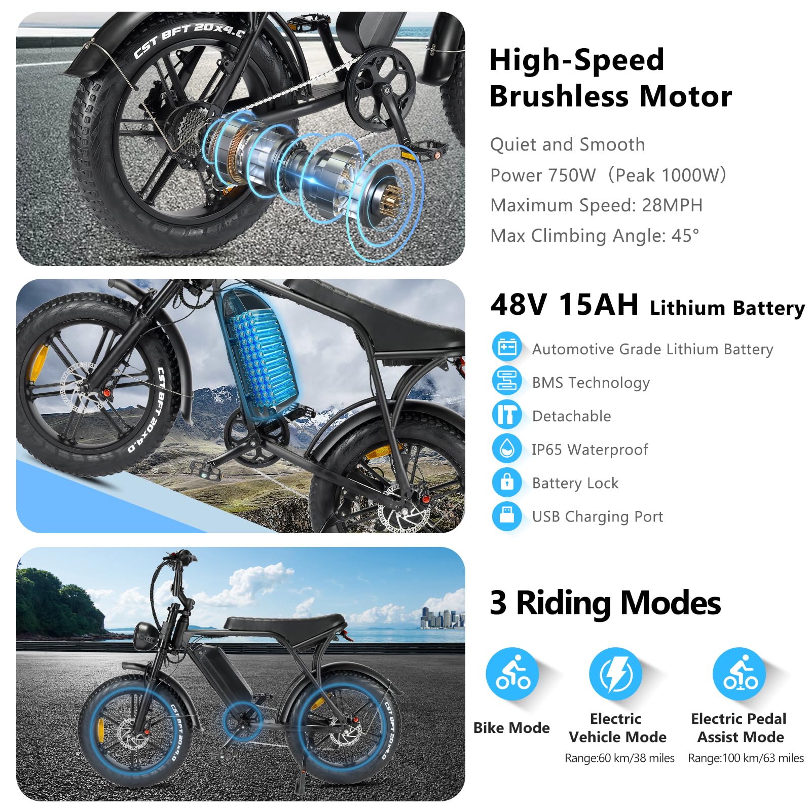 Electric Bike V8 20 inch 750W Adult Electric Bike With 48V 15Ah Removable Battery,Max Speed 28 MPH Pedal Snow Bike 20 inch Fat Tire Electric Mountain Bike, Smart Digital Screens,60 Miles Long Range