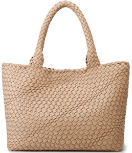 woven bag for women, fashion top handle shoulder bag vegan leather shopper bag large travel tote bag (apricot)