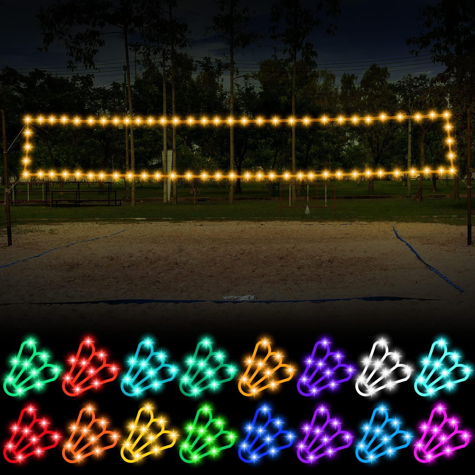 Moukeren Volleyball Badminton Net Light 16 ft String Lights with Remote, 16 Colors 4 Modes LED Light for Backyard Volleyball Badminton Game Outdoor at Night (net Not Include)