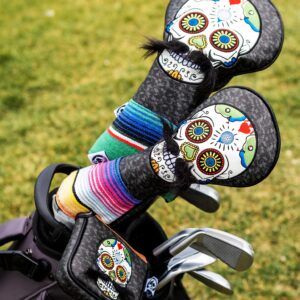 Pins & Aces LE Sugar Skull Mustache Fairway Wood Head Cover - Premium, Hand-Made Leather 3W or 5W Headcover - Funny, Tour Quality Golf Club Cover - Style and Customize Your Golf Bag Grey Camo