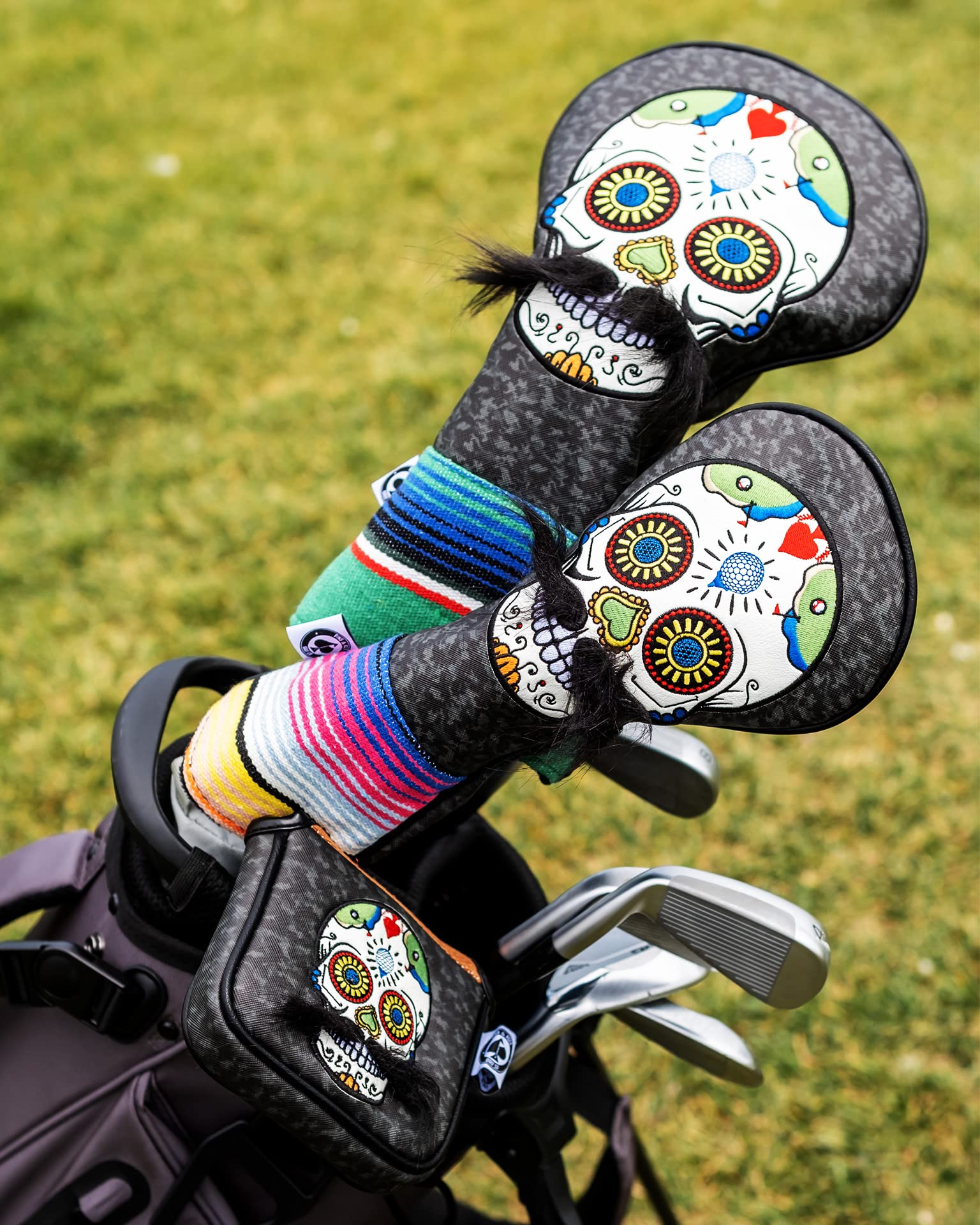 Pins & Aces LE Sugar Skull Mustache Fairway Wood Head Cover - Premium, Hand-Made Leather 3W or 5W Headcover - Funny, Tour Quality Golf Club Cover - Style and Customize Your Golf Bag Grey Camo