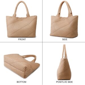 Woven Bag for Women, Fashion Top Handle Shoulder Bag Vegan Leather Shopper Bag Large Travel Tote Bag (Apricot)