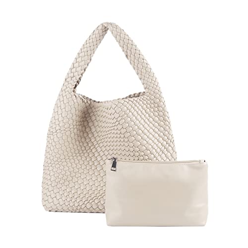 LMKIDS Women Vegan Leather Hand-Woven Tote Handbag Fashion Shoulder Top-handle Bag All-Match Underarm Bag with Purse (Beige)