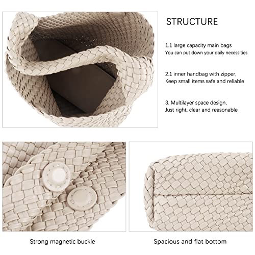 LMKIDS Women Vegan Leather Hand-Woven Tote Handbag Fashion Shoulder Top-handle Bag All-Match Underarm Bag with Purse (Beige)