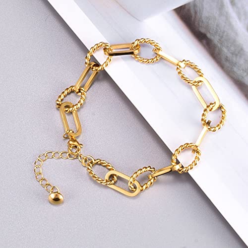 7mm Woman Gold Stainless Steel Rope Rolo Link Thick Chain Bracelet Bead#15563