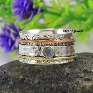 Rainbow moonstone ring Spinner ring 925 sterling silver ring Meditation Hammered Spinning ring family silver jewelry (12.5)