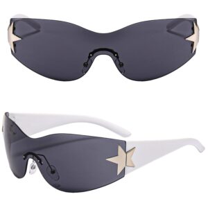 y2k sunglasses | 2000s rimless star glasses for women and men - shield shades wrap around oversized (2000s y2k trendy outfit) (white+black shade)