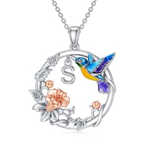 lonago hummingbird necklace with s initial, hummingbird pendant necklaces sterling silver a-z 26 alphabet necklace gift for women (s)