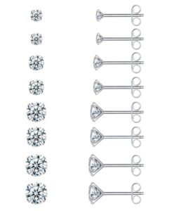 earrings for women, 8 pairs stud earrings set for men, comoso 18k white gold plated s925 sterling silver cubic zirconia earrings studs 3-6mm, birthday christmas gift