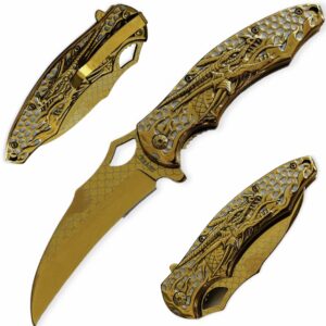 bladedealusa dragon design assisted open folding pocket knife, dragon skin blade, gold color, hunting, camping accessories