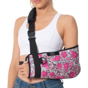 fotgok foam arm sling shoulder immobilizer rotator cuff support brace with waist strap for shoulder injury for women for broken dislocated fracture, rose leopard