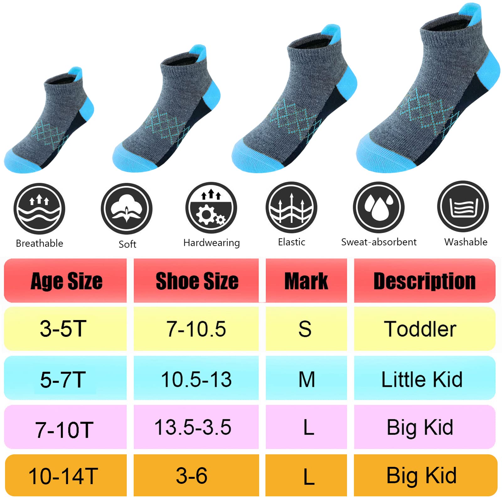 Tsmollyu Boy Socks 24 Pairs Half Cushioned Low Cut Socks Ankle Athletic Sports Socks With Cushioned Sole For Little Big Kids Age 3-14(7-10 Years)