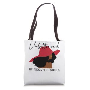 black history african woman unbothered by negative souls tote bag