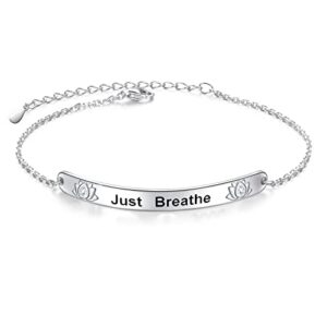 925 sterling silver just breathe bracelet for women for anxiety stress relieving lotus flower charm bracelets for lady yoga fans inspirational cuff bangle bracelets