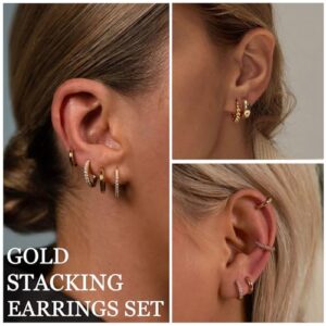 9 Pairs Small Gold Huggie Hoop Earrings for Women, 14K Gold Plated Lightweight Cartilage Earring Set, Hypoallergenic Gold Hoop Earrings