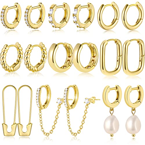 9 Pairs Small Gold Huggie Hoop Earrings for Women, 14K Gold Plated Lightweight Cartilage Earring Set, Hypoallergenic Gold Hoop Earrings