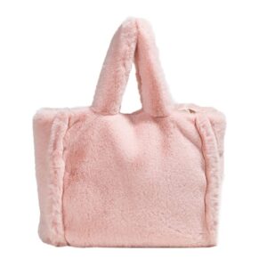 large fluffy fuzzy tote bag furry purse faux fur totes shoulder bags women plush handbag cute winter fashion purses (pink)