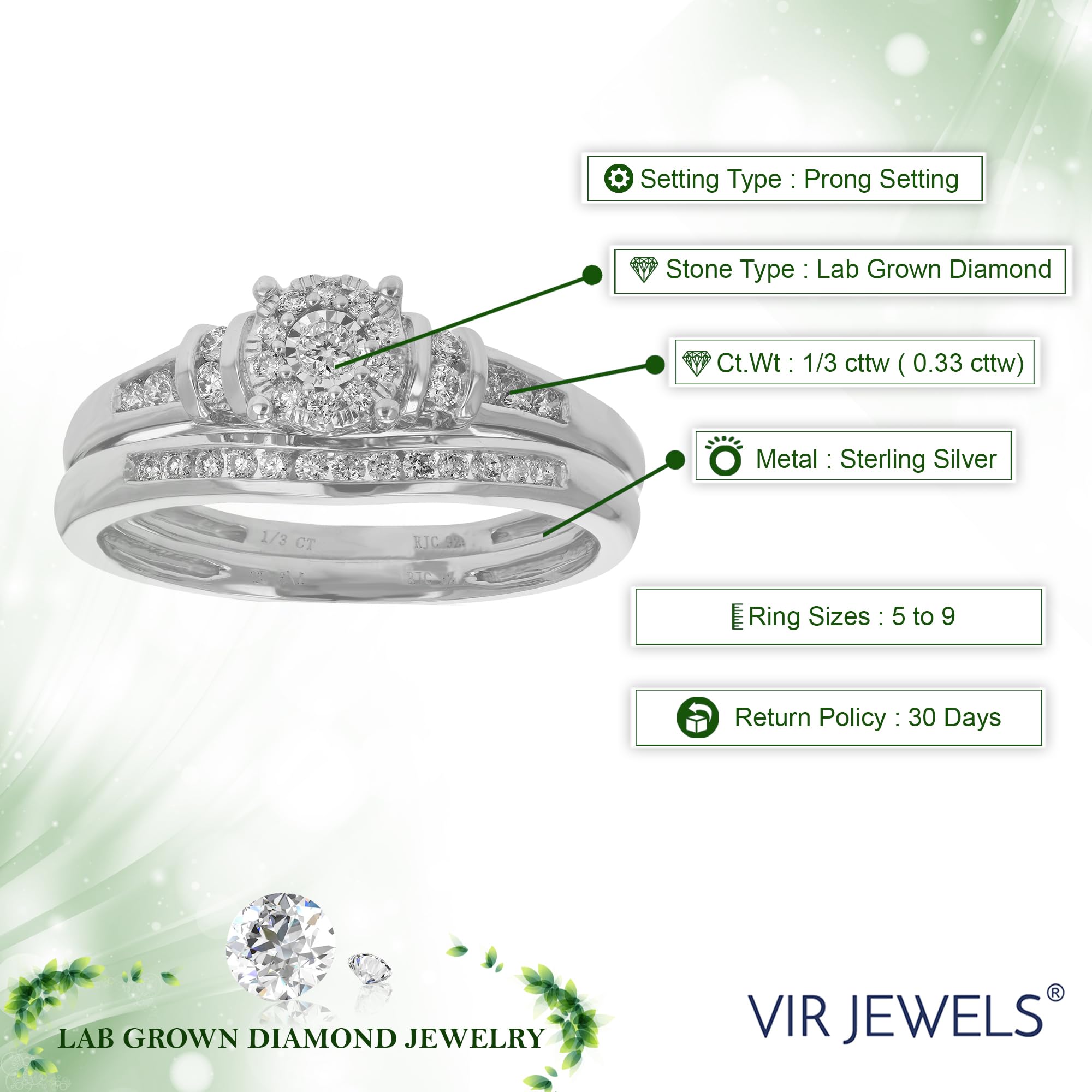 Vir Jewels 1/3 cttw Lab Grown Diamond Wedding Engagement Bridal Set Round for Women in .925 Sterling Silver Prong Set Size 7