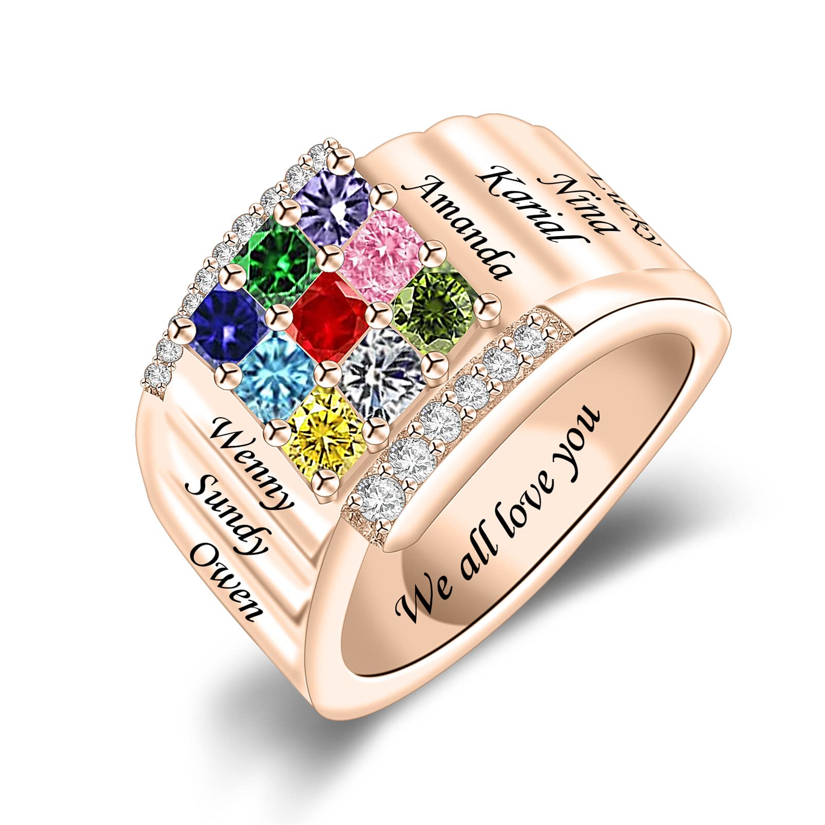 YOOURNEONS Personalized Sterling Silver Names Ring with 1-9 Simulated Birthstones for Women Free Engraving Family Rings for Mother Grandma Christmas Gifts for Her (9 stones)