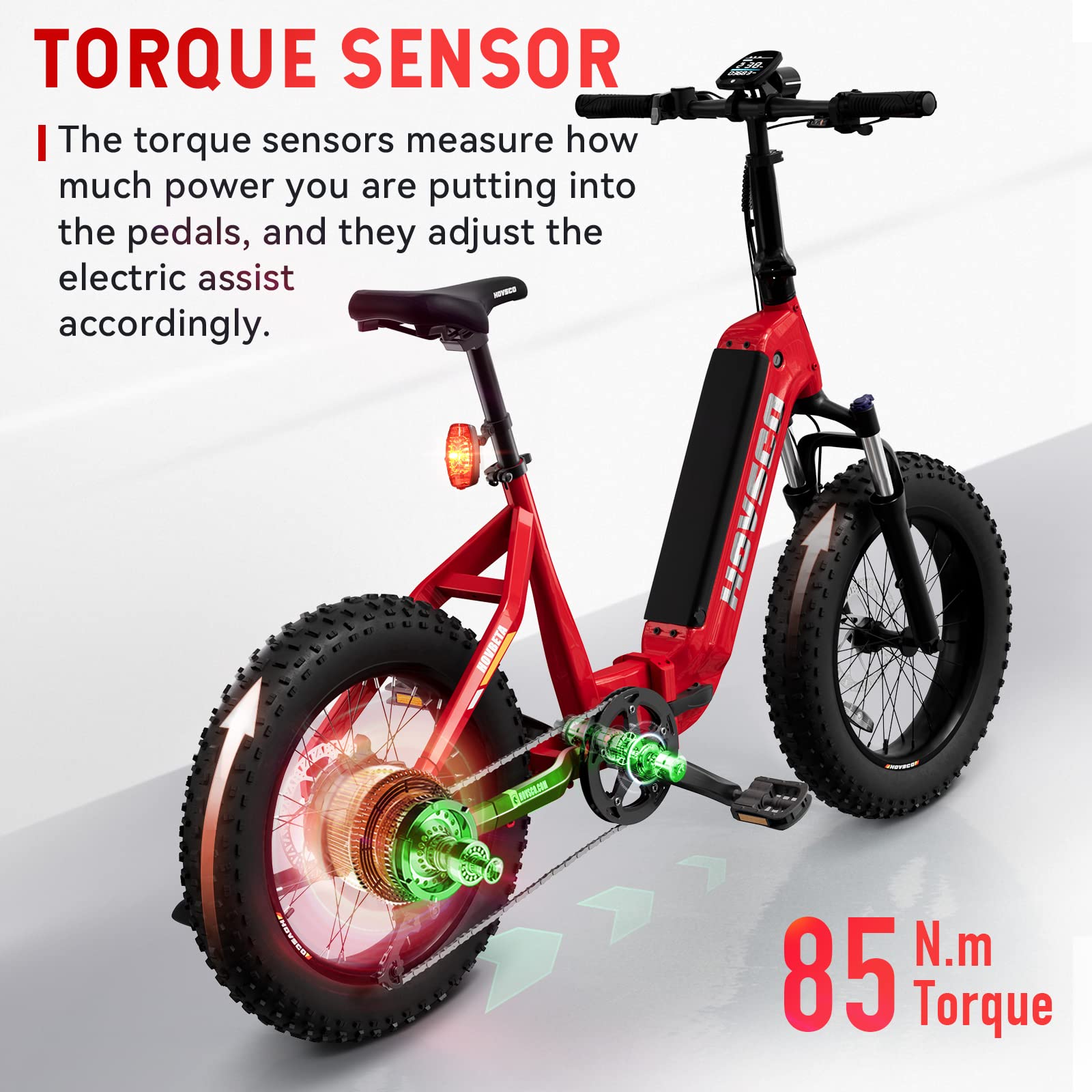 Electric Bike for Adults, HOVSCO Foldable 20'' Fat Tire Ebike 750W Motor Torque Sensor 28Mph Bike, 48V 15AH LG Battery 65 Miles Adult Bicycle with Shimano 7-Speed, Dual Shock Absorber, Red