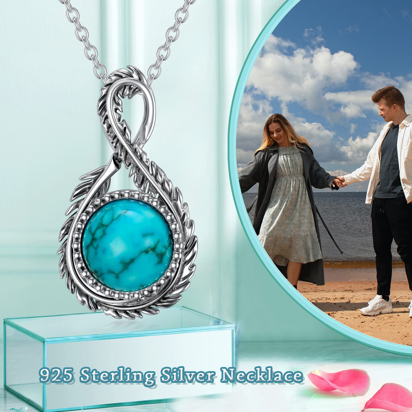 BETHZA Natural Turquoise Necklace for Women 925 Sterling Silver Oxidized Genuine Gemstone Infinity Feather Pendant Western Jewelry Gifts for Birthday Christmas