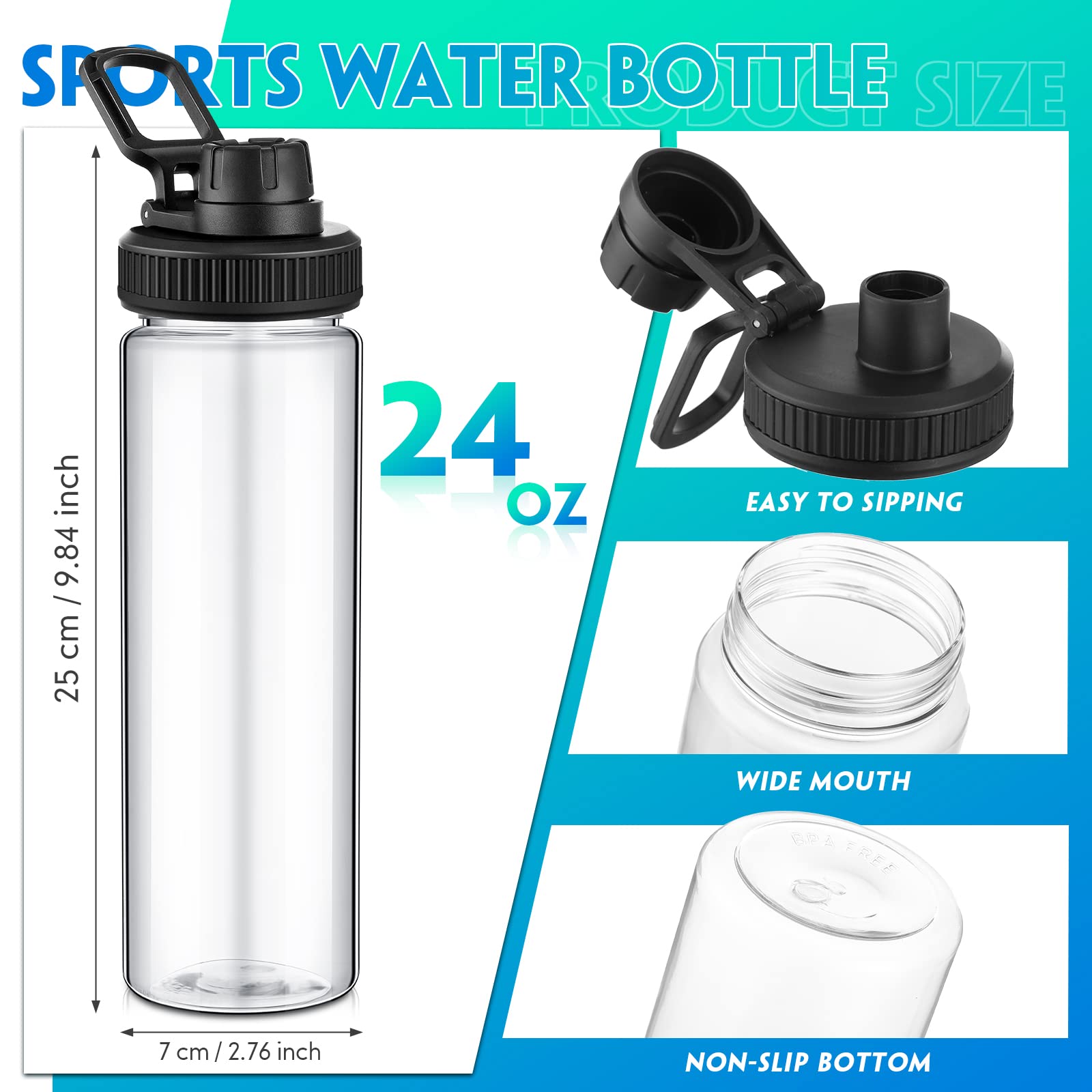 Raiten 24 oz Clear Plastic Sports Water Bottle with Spout Lid, 12 Pack, Bulk, 24 oz