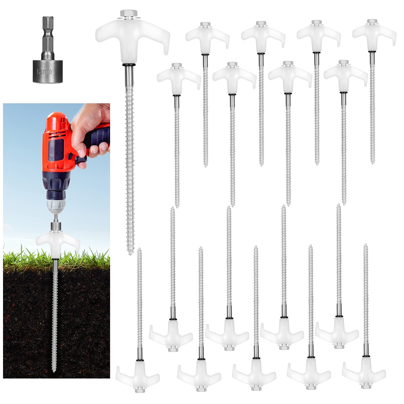 18 Tent Stakes Heavy Duty Metal Tent Stakes Screw in Camping Stakes with Luminous Head Ground Anchor Pegs Threaded Tent Spikes with Hex Head Driver and Storage Box