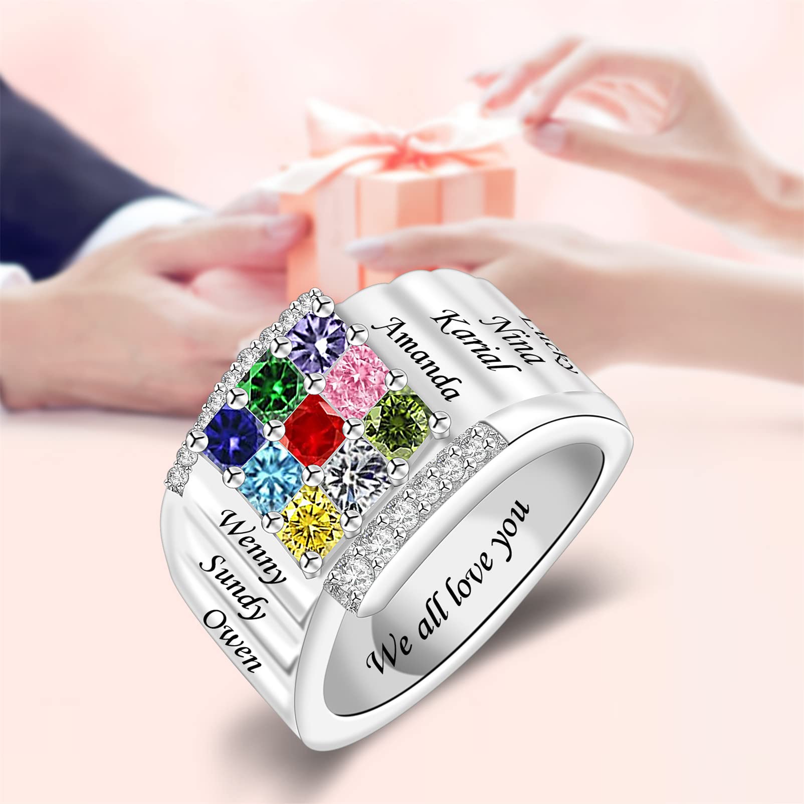 YOOURNEONS Personalized Sterling Silver Names Ring with 1-9 Simulated Birthstones for Women Free Engraving Family Rings for Mother Grandma Christmas Gifts for Her (9 stones)