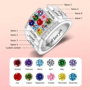 YOOURNEONS Personalized Sterling Silver Names Ring with 1-9 Simulated Birthstones for Women Free Engraving Family Rings for Mother Grandma Christmas Gifts for Her (9 stones)