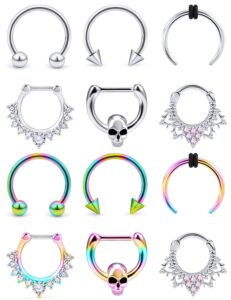 tvalccoy 16g septum clicker nose rings daith dathe earrings smiley 16 gauge cute silver rainbow surgical stainless steel horseshoe hoop piercing jewelry for women men hypoallergenic 10mm pack